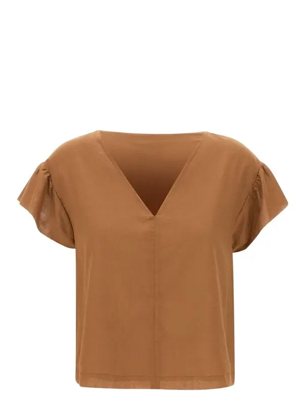 KAOS V-neck Ruffled-sleeve Top - Brown