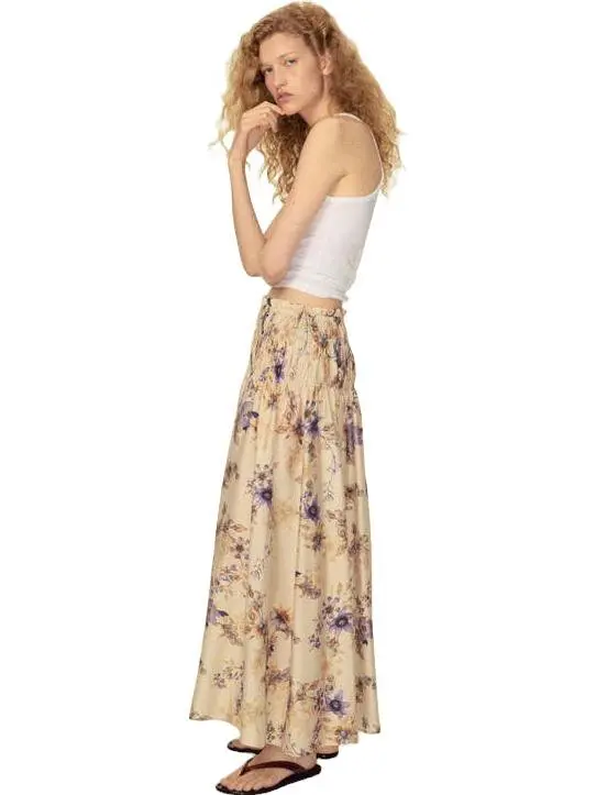 H&M Smocked-waist Skirt - Light Beige/floral