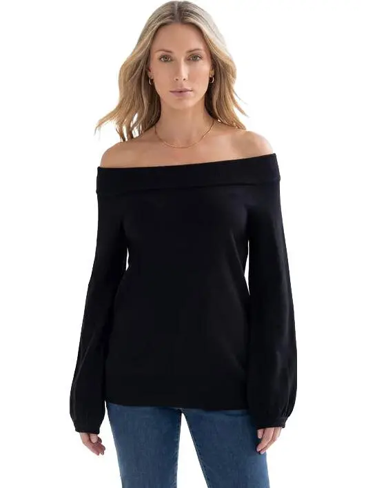 Roaman's Off The Shoulder Blouson Sleeve Pullover - Black