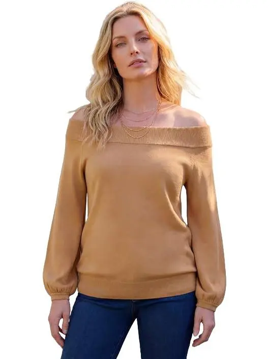 Roaman's Off The Shoulder Blouson Sleeve Pullover - Soft Camel