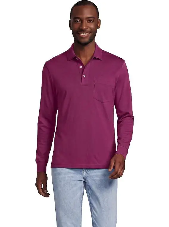 LANDS' END Long Sleeve Cotton Supima Polo Shirt With Pocket - Light Raspberry