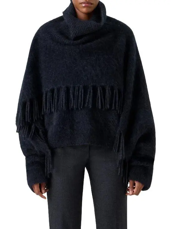 Akris Cashmere Fringe Cowl Neck Sweater - Charcoal