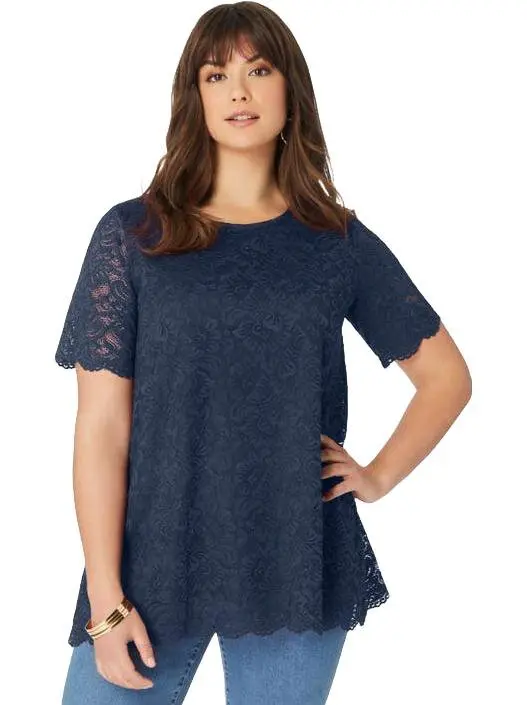Roaman's Allover Lace Swing Tee - Navy