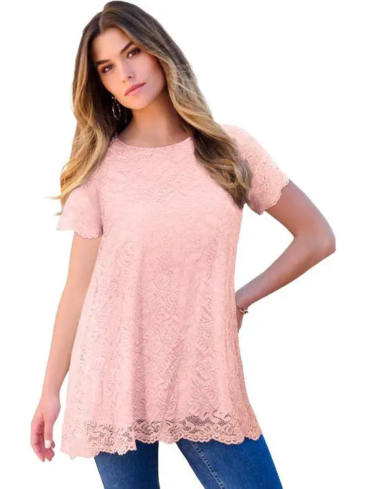 Roaman's Allover Lace Swing Tee - Soft Blush