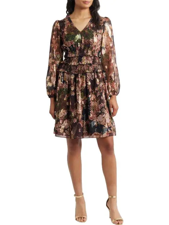 Eliza J Floral Print Smoked Waist Long Sleeve Dress - Blck Multi