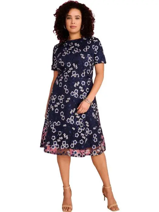 Roaman's Floral Lace V-neck Long Sleeve Dress - Navy Floral