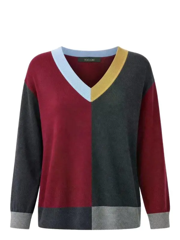TOCCIN Sia Color-blocked V-neck Sweater - Red