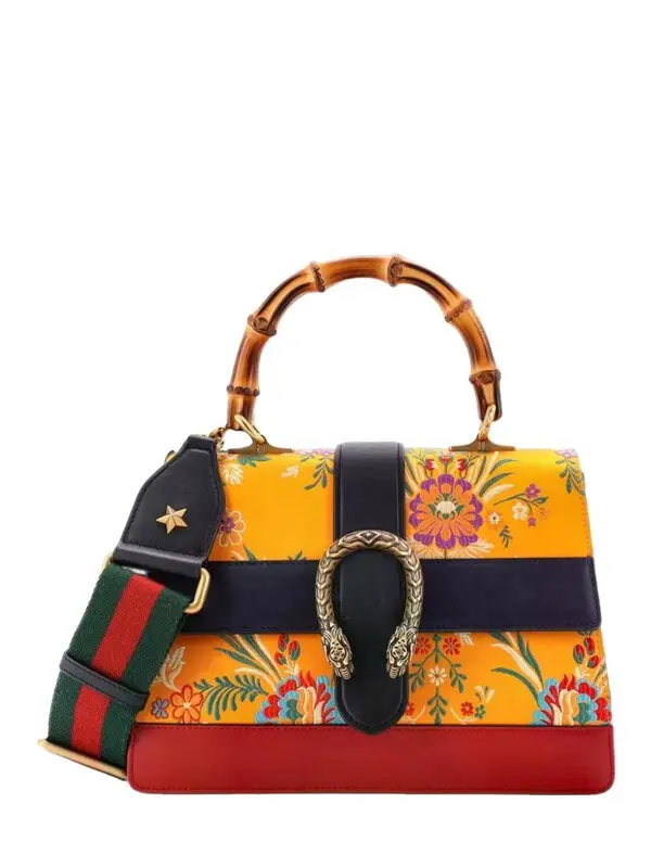 Gucci Dionysus Bamboo Top Handle Bag Floral Jacquard With Leather Medium Satchel - Blue