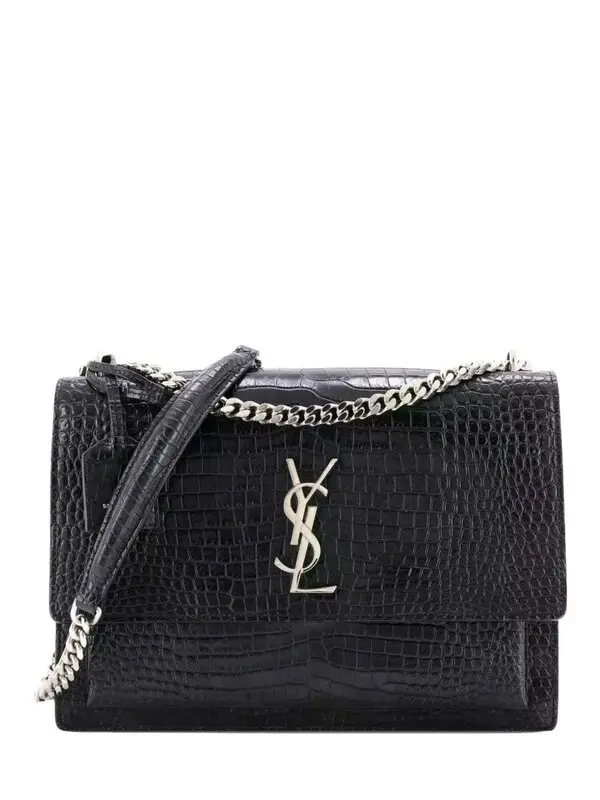 Saint Laurent Sunset Crocodile Embossed Leather Large Crossbody Bag - Black