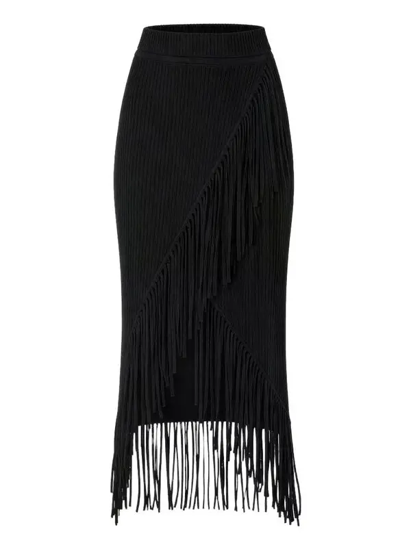 TOCCIN Giana Fringe Asymmetrical Midi Skirt - Black
