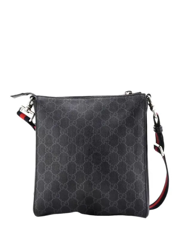 Gucci Web Strap Front Zip Messenger Bag Gg Coated Canvas Small Cross Body Bag - Black