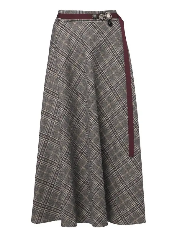 Max Mara Belted Plaid Virgin Wool Midi Skirt - Blue