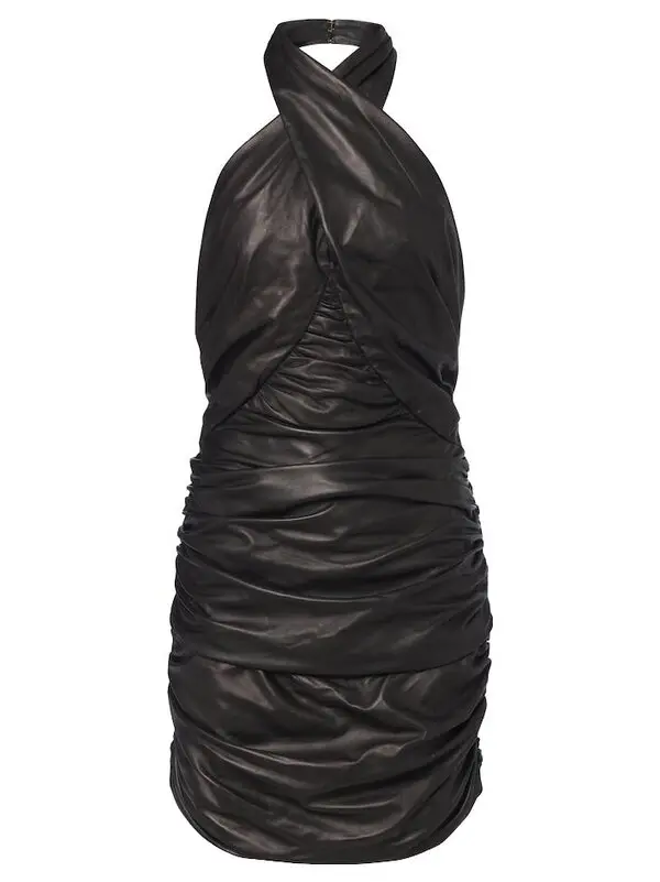 Balmain Ruched Leather Minidress - Black