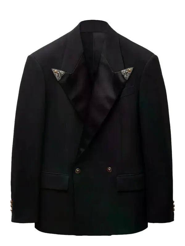 Versace Embroidered-lapel Wool Stretch Blazer - Black