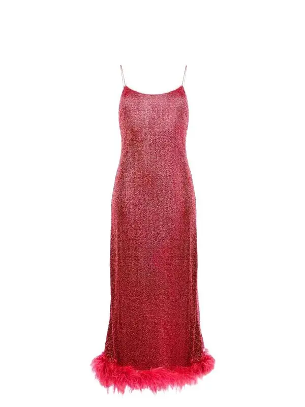 Oseree Feather-trimmed Metallic-effect Maxi Dress - Red