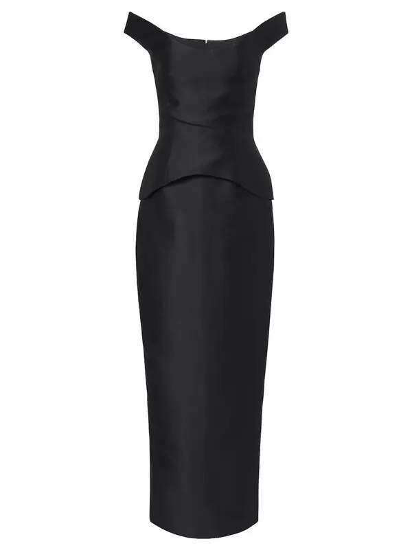 Solace London Pieta Off-shoulder Peplum Satin Gown - Black