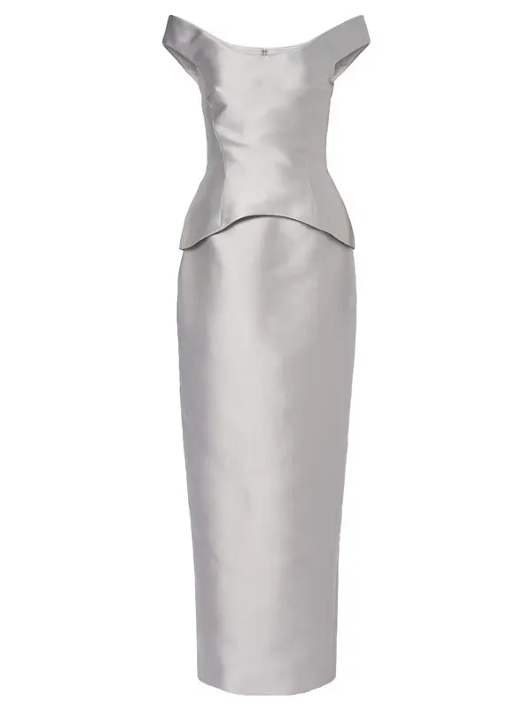 Solace London Pieta Off-shoulder Peplum Satin Gown - Grey