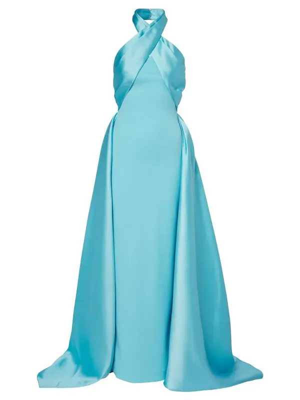 Solace London Halterneck Satin-trimmed Crêpe Gown - Blue