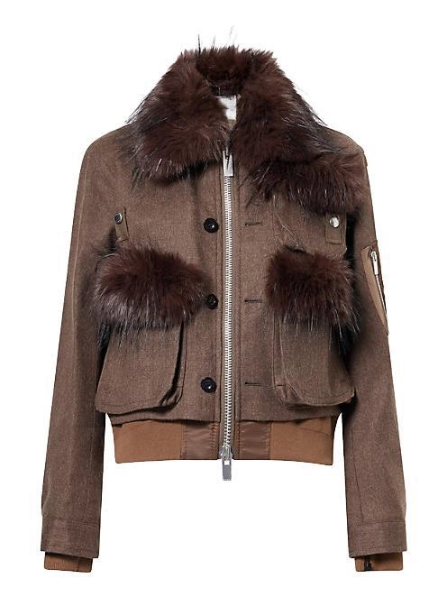 Sacai Faux-fur Trimmed Wool Jacket - Brown