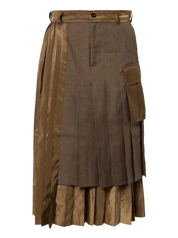 Sacai Double-layered Pleated Twill Midi Skirt - Brown