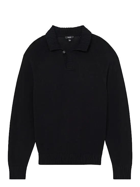 REISS Open-collar Cotton Polo Jumper - Navy