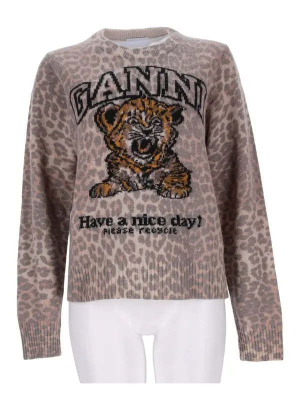 GANNI Graphic Leopard Print Crewneck Sweater - Beige