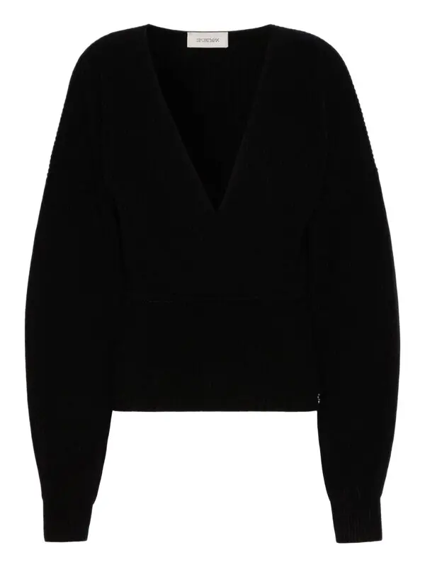 Sportmax Ribbed V-neck Sweater With Metal Logo - Nero