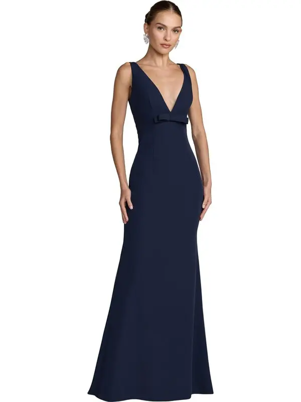 Mac Duggal Sleepless V-neck Mermaid Gown With Bow - Navy