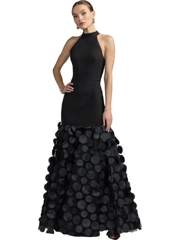Mac Duggal Halter Neck 3d Floral Hem Gown - Black
