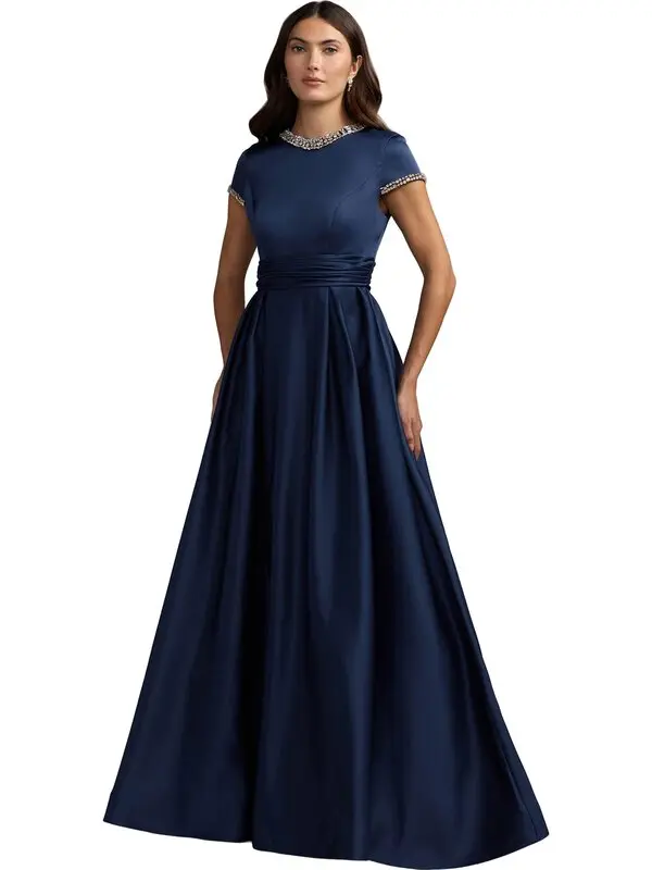 Mac Duggal Embellished Satin High Neck Ball Gown - Navy