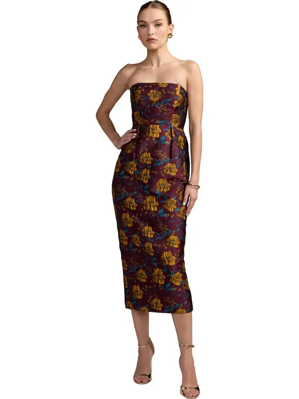 Mac Duggal Floral Brocade Strapless Fitted Midi Dress - Red
