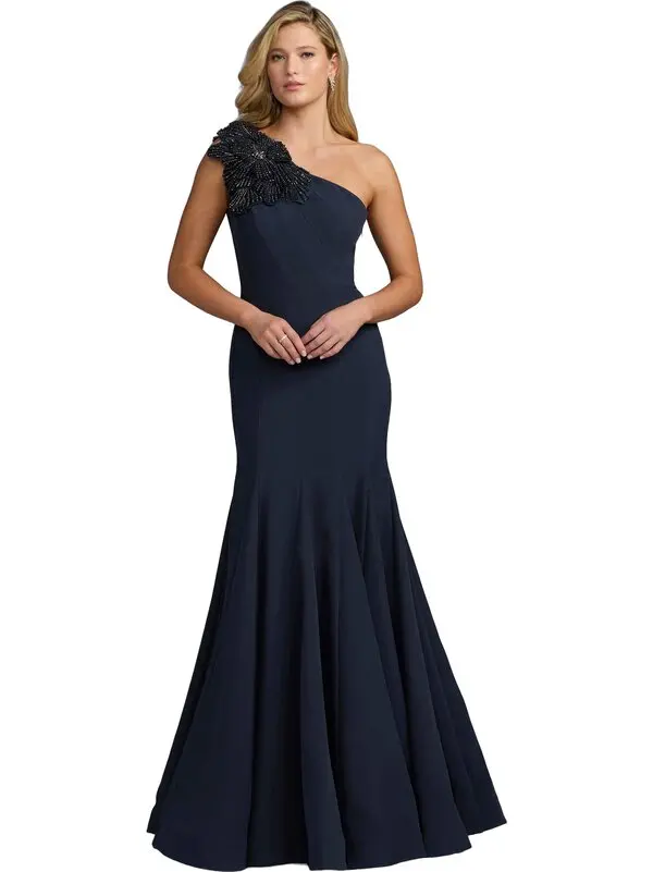 Mac Duggal Crepe One Shoulder Gown With Crystal Flower - Navy