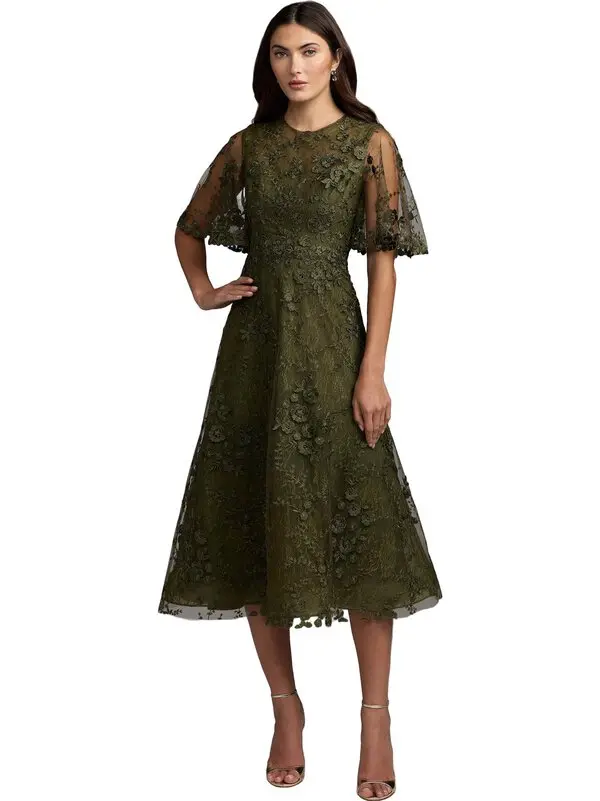 Mac Duggal Embroidered Flutter Sleeve Midi Dress - Green