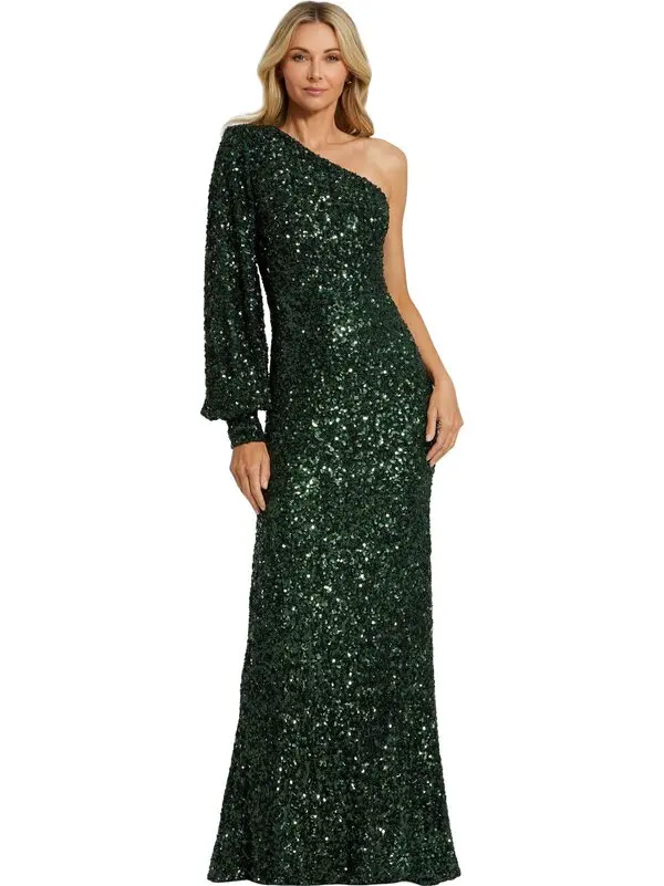 Mac Duggal Sequin One Shoulder Bishop Sleeve Trumpet Gown - Green