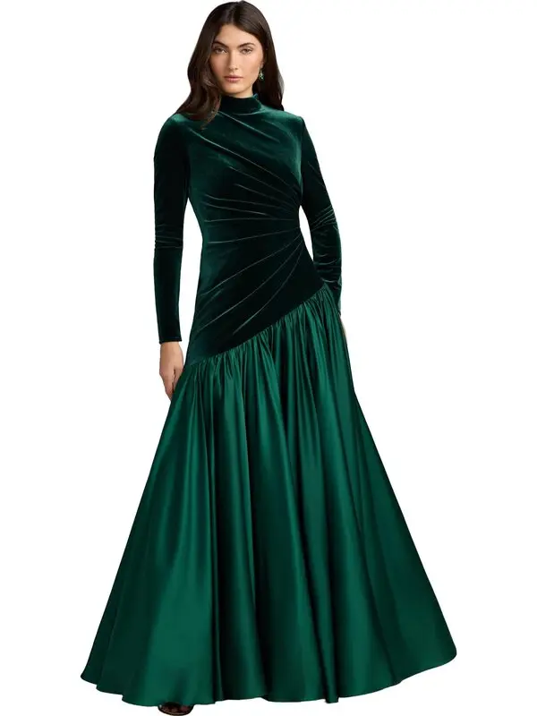 Mac Duggal Velvet Bodice Long Sleeve Charmeuse Gown - Emerald