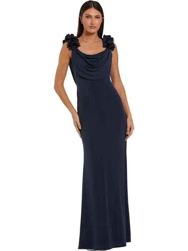 Mac Duggal Cowl Neck Jersey Gown With 3d Flower Straps - Navy