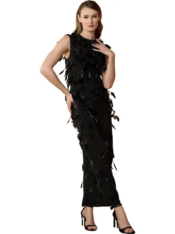MAC DUGGAL COLLECTION High Neck Sleeveless Feather Embellished Column Dress - Black