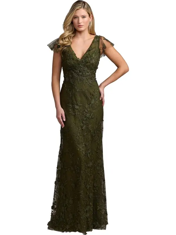 Mac Duggal Embroidered Applique Wrap Over Flutter Sleeve Gown - Green