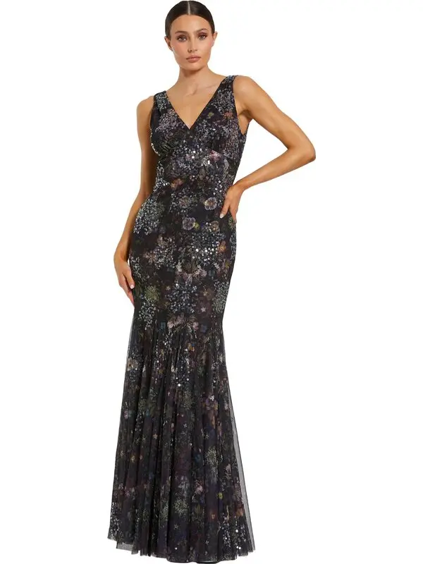 Mac Duggal Embellished Floral Sleeveless V-back Gown - Black Multi