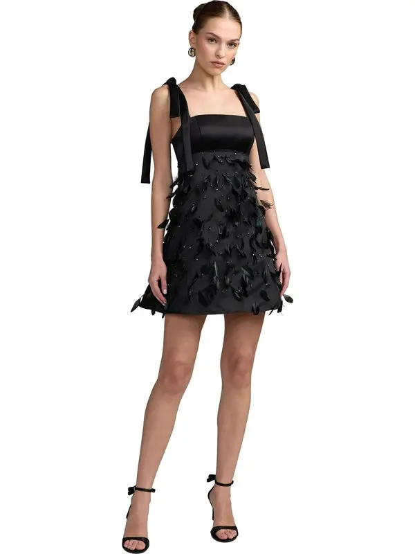 MAC DUGGAL COLLECTION Feather Embellished Bow Strap Mini Dress - Black