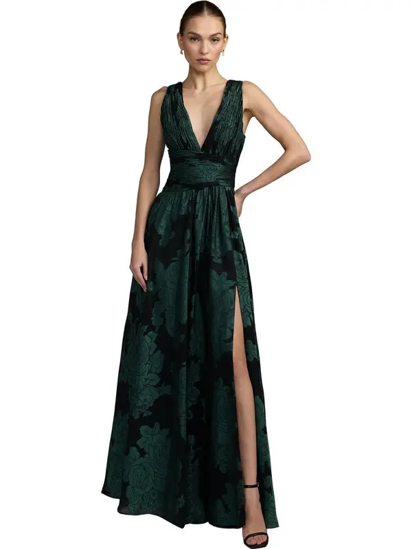 Mac Duggal Floral Plunge Neck Gown - Emerald Multi