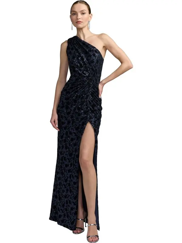 Mac Duggal Floral Sequin One Shoulder Gown - Midnight