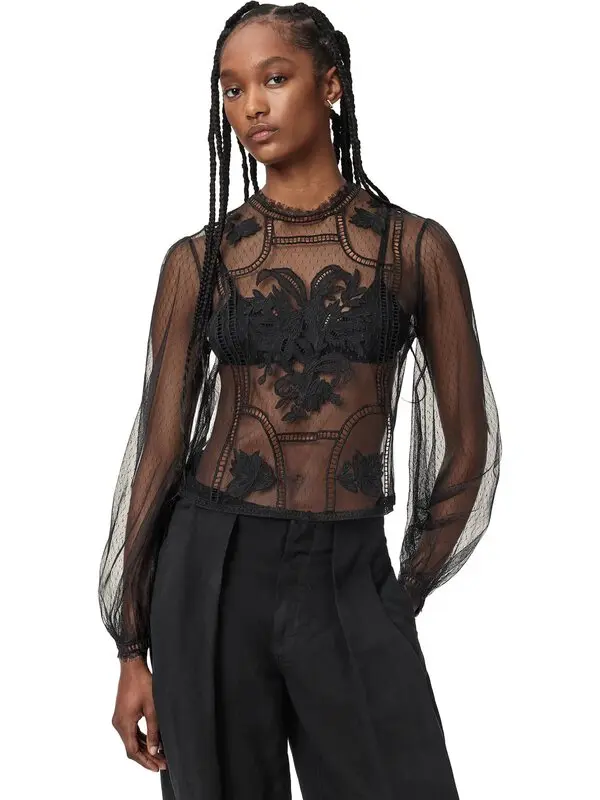 ALLSAINTS Cesca Sheer Embroidered Top - Black