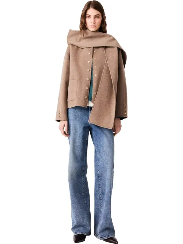 Maje Short Double-faced Coat With Removable Hooded Scarf - Mastic Beige