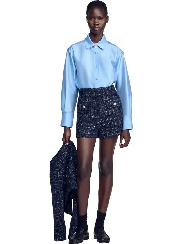 Sandro High-waisted Fancy Tweed Shorts - Blue