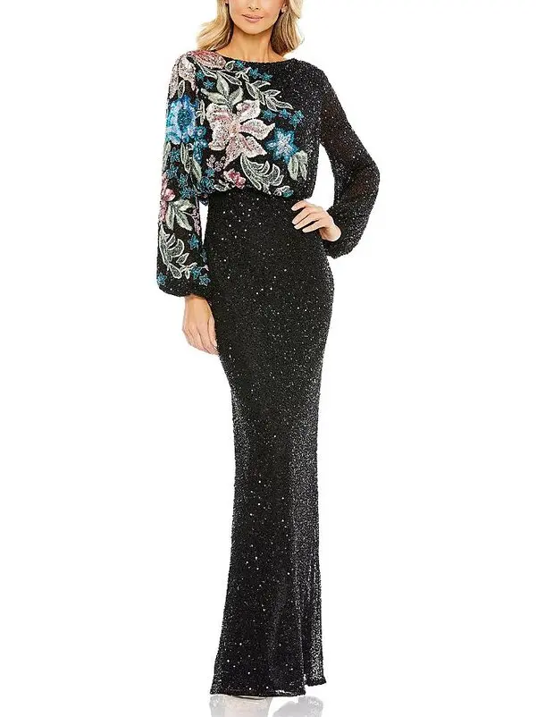 Mac Duggal Embellished Multi Color Floral High Neck Gown - Black Multi