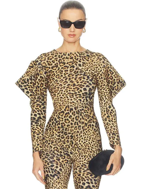 Norma Kamali Wing Sleeve Side Drape Top - Cheetah Patch