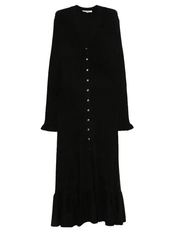 Maje Ribbed-knit Ruffled-trim Midi Dress - Black