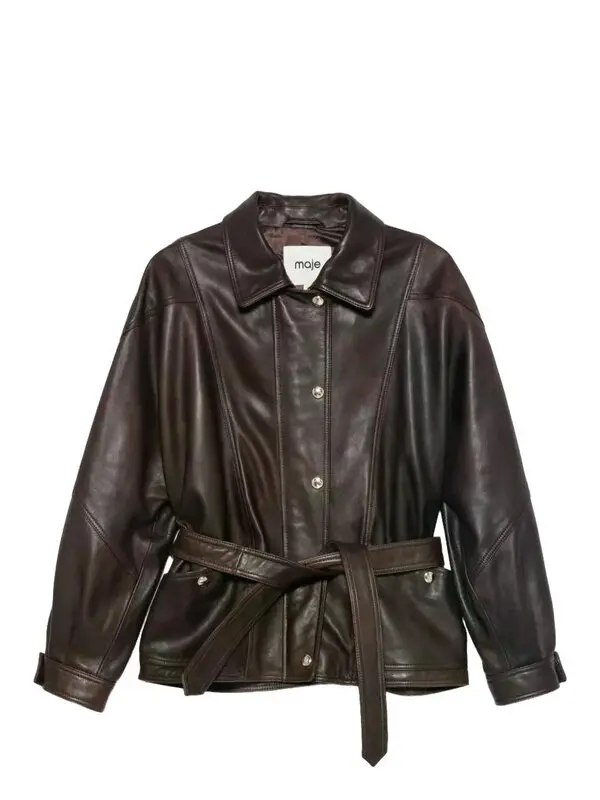 Maje Belted Leather Jacket - Brown