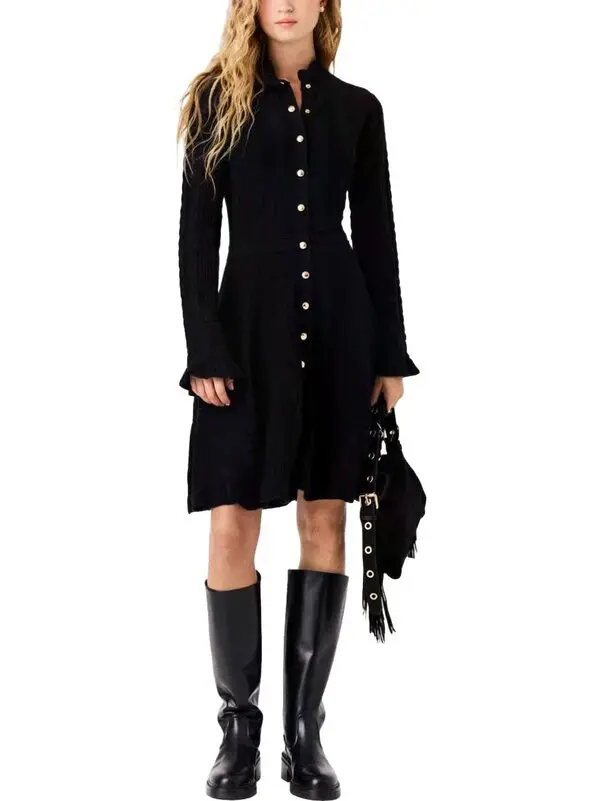 Maje Ruffle-trim Cable-knit Mini Dress - Black